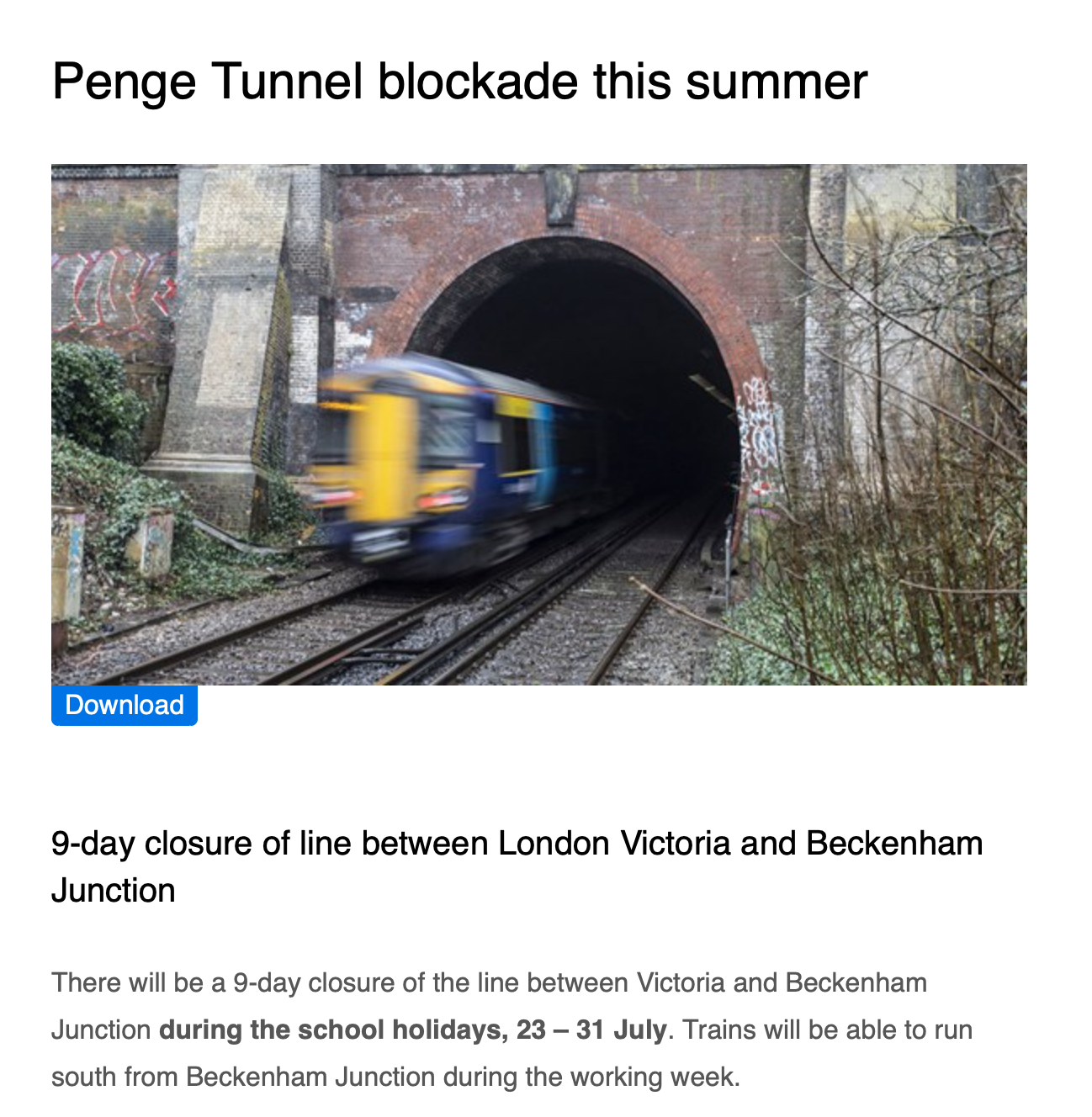 9 day closure of line between London Victoria and Beckenham Junction ...